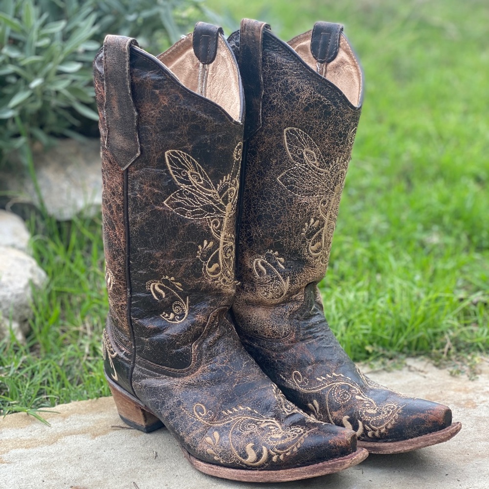 Circle G Leather Boots Dragonfly Stitching Antique Fi… - Gem
